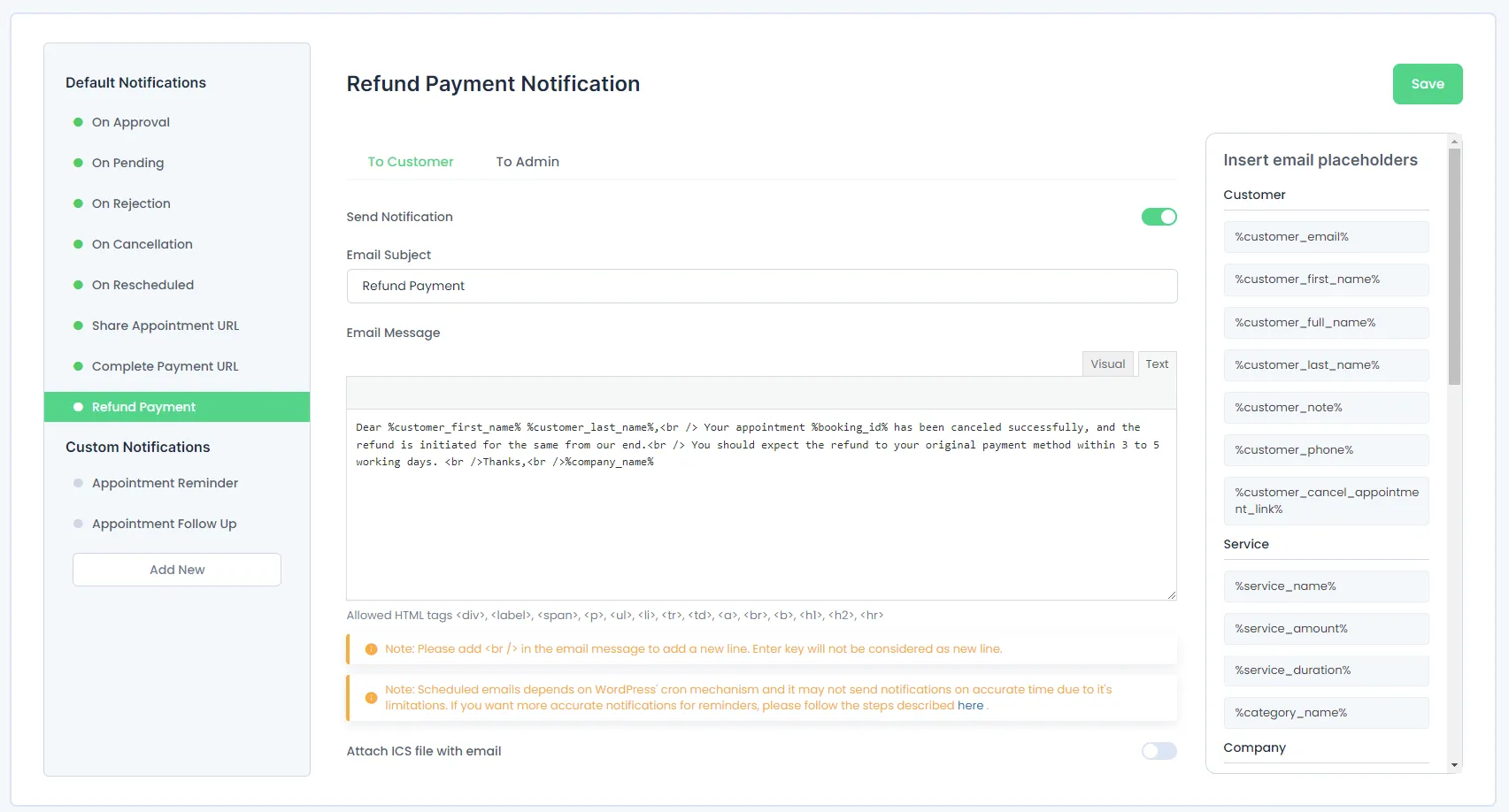Email Notification Message - BookingPress